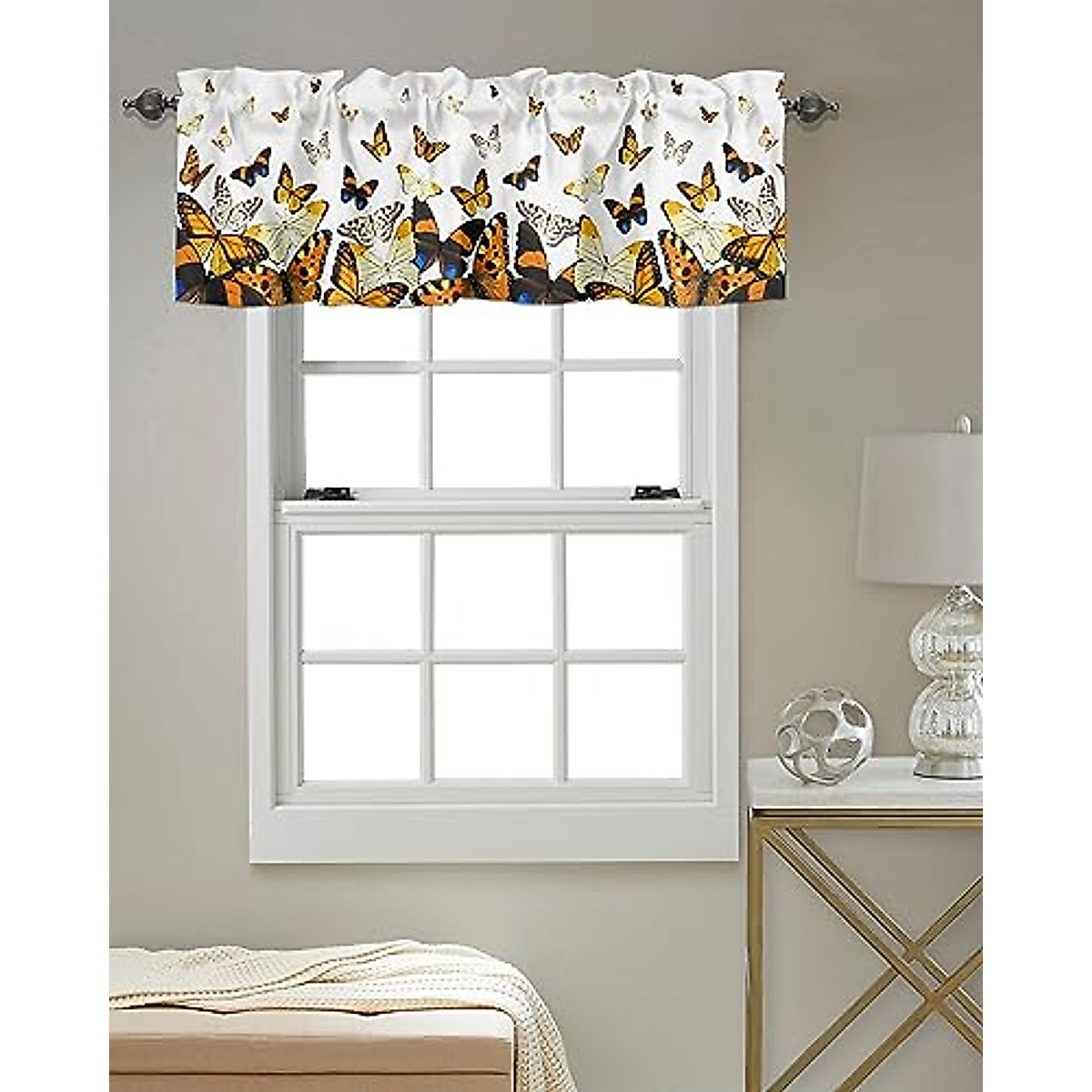 Butterfly Floral Window Kitchen Curtain Valance, Window Curtain Valance Rod Pocket, 1 Panel Short Valances Window Treatment for Living Room Bedroom Bathroom Cafe (60x18 Country Style Ombre Butterfly)