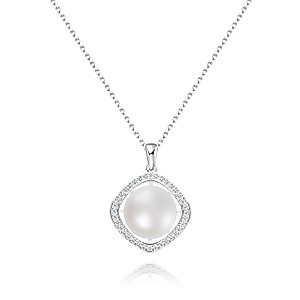 925 Sterling Silver Pearl Pendant Necklace | Freshwater Cultured White 9.5-10mm Real Pearl with Cubic Zirconia for Girl&Women-AKOCIDY