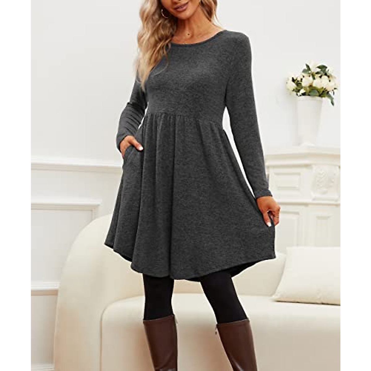 Albe Rita Fall Clothes for Women 2023 Winter Clothes Long Sleeve Dresses Dress Sweater Dress Fall Dresses Maternity Dress with Pockets,Dark Grey,S