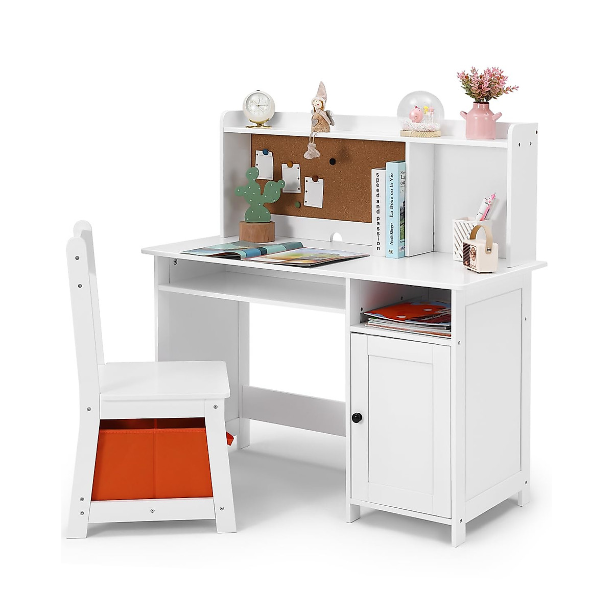 Kid's Study Desk and Chair Set for Boys & Girls – Wooden Ergonomic Design, Includes Built-In Chair Storage Bins & Bookshelf Organizer & Cork Bulletion Board, for Children Studying, Writing, Drawing