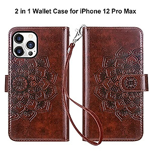 Vofolen for iPhone 12 Pro Max Case Credit Card Holder Wallet Cover 2-in-1 Slot Women Girl Detachable Strap Protective Slim Hard Shell Magnetic Leather Folio Pocket Flip Case Mandala Brown