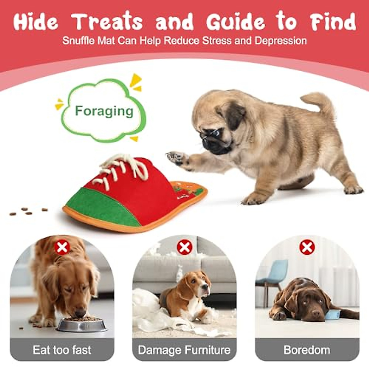 Snuffle Mat for Dogs, Cute Shoes Shape, Interactive Sniff Mat for Slow Eating and Keep Busy, Adjustable Dog Digging Toys Encourages Natural Foraging Skills, Suitable for Small and Medium Dogs
