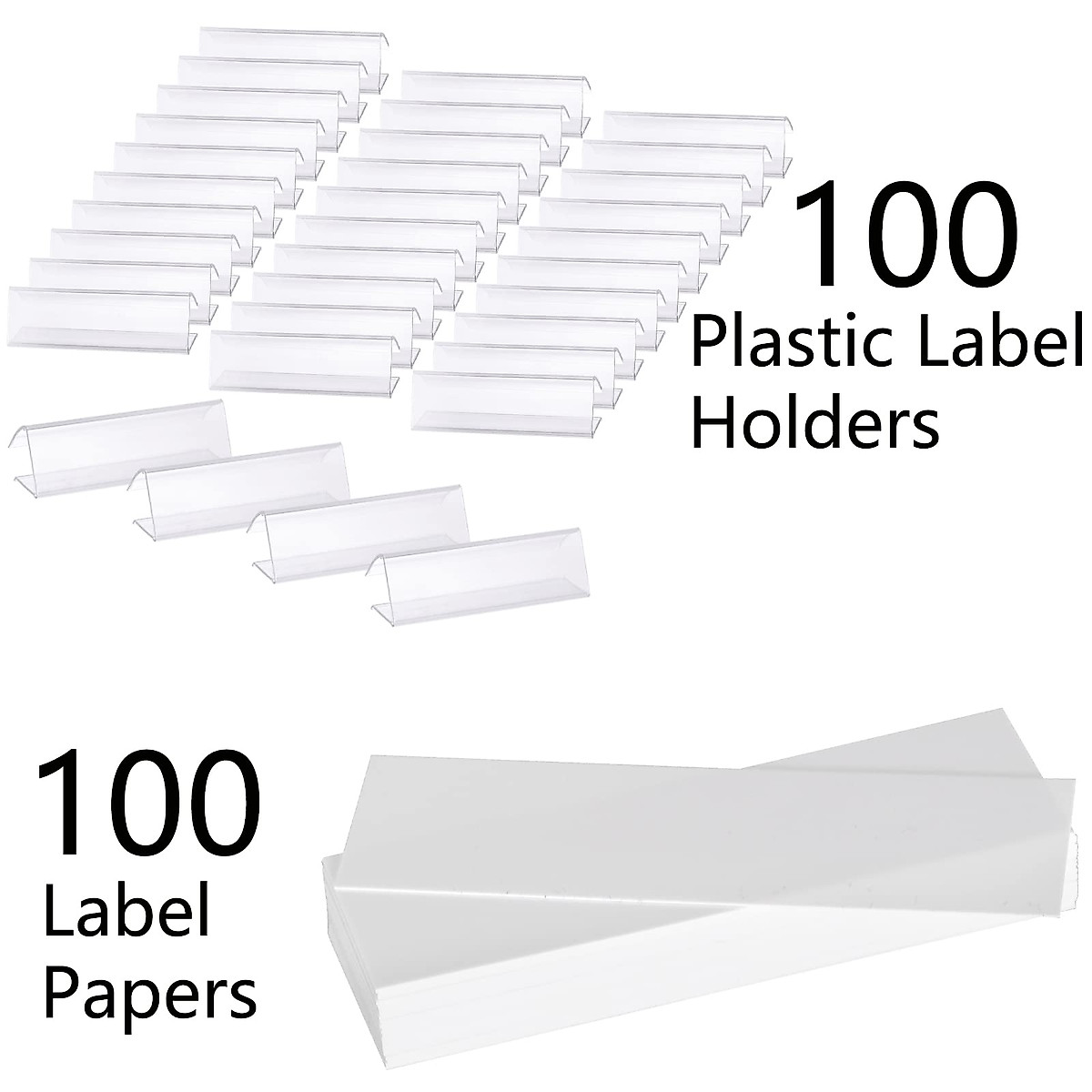 Hedume 100 Pcs Plastic Label Holder with 100 Pcs Label Inserts, 3" L x1" H Clear Plastic Shelf Label Holder, Shelf Sign and Ticket Holder, Clips On to Shelves 5/8" to 3/4" Thick