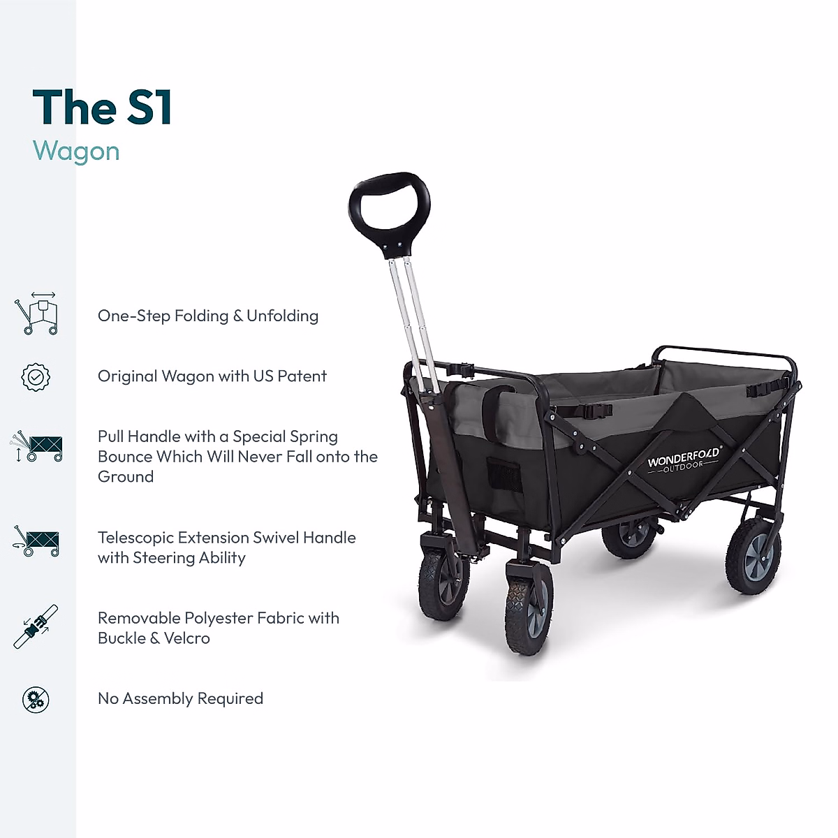 WONDERFOLD S1 Folding Utility Cart with Easy-Clean Removable 600D Fabric, Adjustable Pull Handle with Spring Bounce Technology & Active Front Steering, Black
