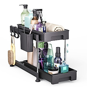 Bathroom Organizer, HEMOPLT Double Sliding Under Sink Organizers and Storage, Adjustable Height Under Bathroom Sink Organizers and Storage, Non-slip Mat Bathroom Drawer Organizers