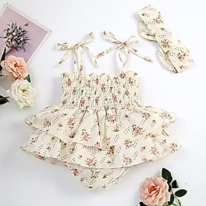 Baby Girl Floral Romper Dress Newborn Infants Sleeveless Summer Straps Dress Rompers Playsuit with Headband (I-Beige, 0-6 Months)