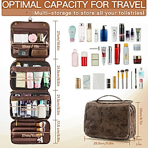 Elviros Hanging Toiletry Bag Removable Travel Bag PU leather Makeup Cosmetic Organizer Kit, Coffee