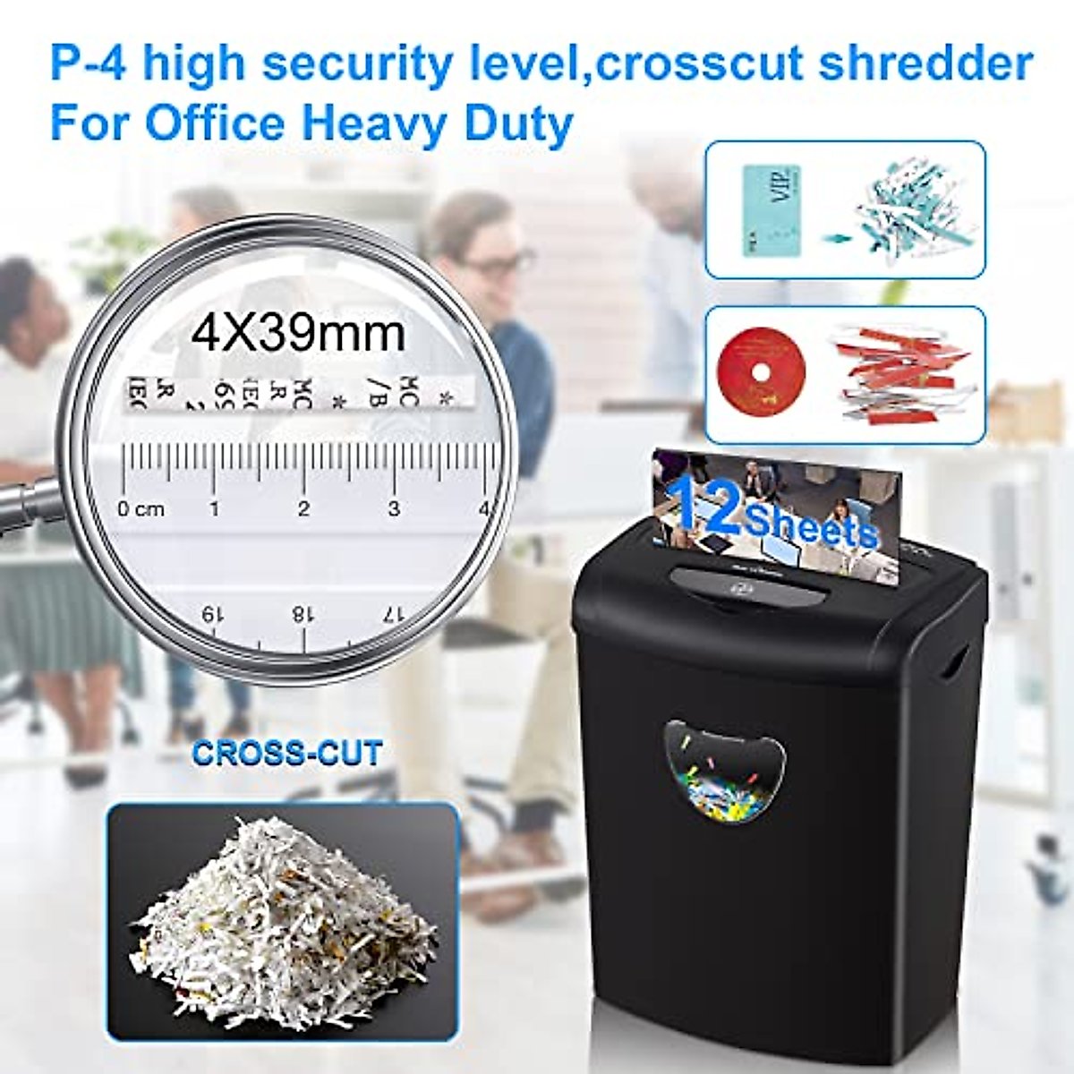 Paper Shredder, 12-Sheet Cross Cut with 5.55-Gallon Basket, P-4 Security Level, 3-Mode Design Shred Card/CD/Staple/Clip, Heavy Duty with Jam Proof System, Paper Shredder for Office (ETL)