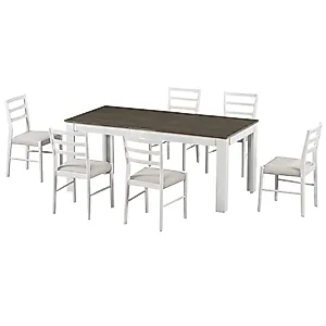 P PURLOVE 7 Pieces Dining Table Set, Wood Rectangular Kitchen Table and 6 Cushion Dining Chairs, Mutifunctional Extendable Table with 12" Leaf and 2 Drawers for 6 Person (Brown and White)