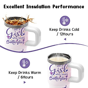 Butterfly Gifts for Women Girls, Purple Butterfly Tumbler with Handle and Straw for Kids 14oz, Stainless Steel Insulated Travel Mugs, Birthday Gifts for Girl, Just A Girls Who Lovers Butterflies