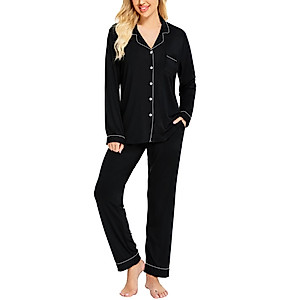 SWOMOG Womens Pajamas Set Long Sleeve Sleepwear Button Down Nightwear Soft Cotton Pj Lounge Sets with Pockets Black