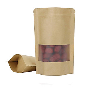 oUUoNNo 50 Pcs 7"X10" Stand Up Kraft Paper Bag, Reusable Zip Lock Sealing With Notch Matte Transparent Window Bags, All Purpose Storing Food Storage, Ideal for Coffee Beans, Nuts, Biscuits DIY