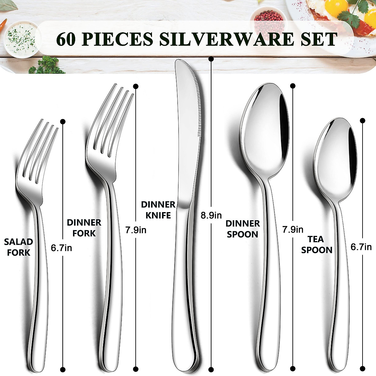 Herogo Heavy Duty Stainless Steel Silverware Set, 60-Piece Fancy Flatware Cutlery Set for 12, Modern Tableware for Home Restaurant Wedding, Heavy Eating Utensils Set, Mirror Polished, Dishwasher Safe