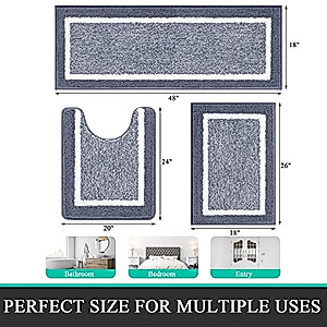 Pauwer Bathroom Rug Mat Set 3 Piece, Microfiber Shaggy Bath Mat Set, Non-Slip Ultra Soft Carpet Mats, Absorbent Bathroom Mat Set with U-Shaped Toilet Mat for Bathroom, Tub, Shower, Dark Grey