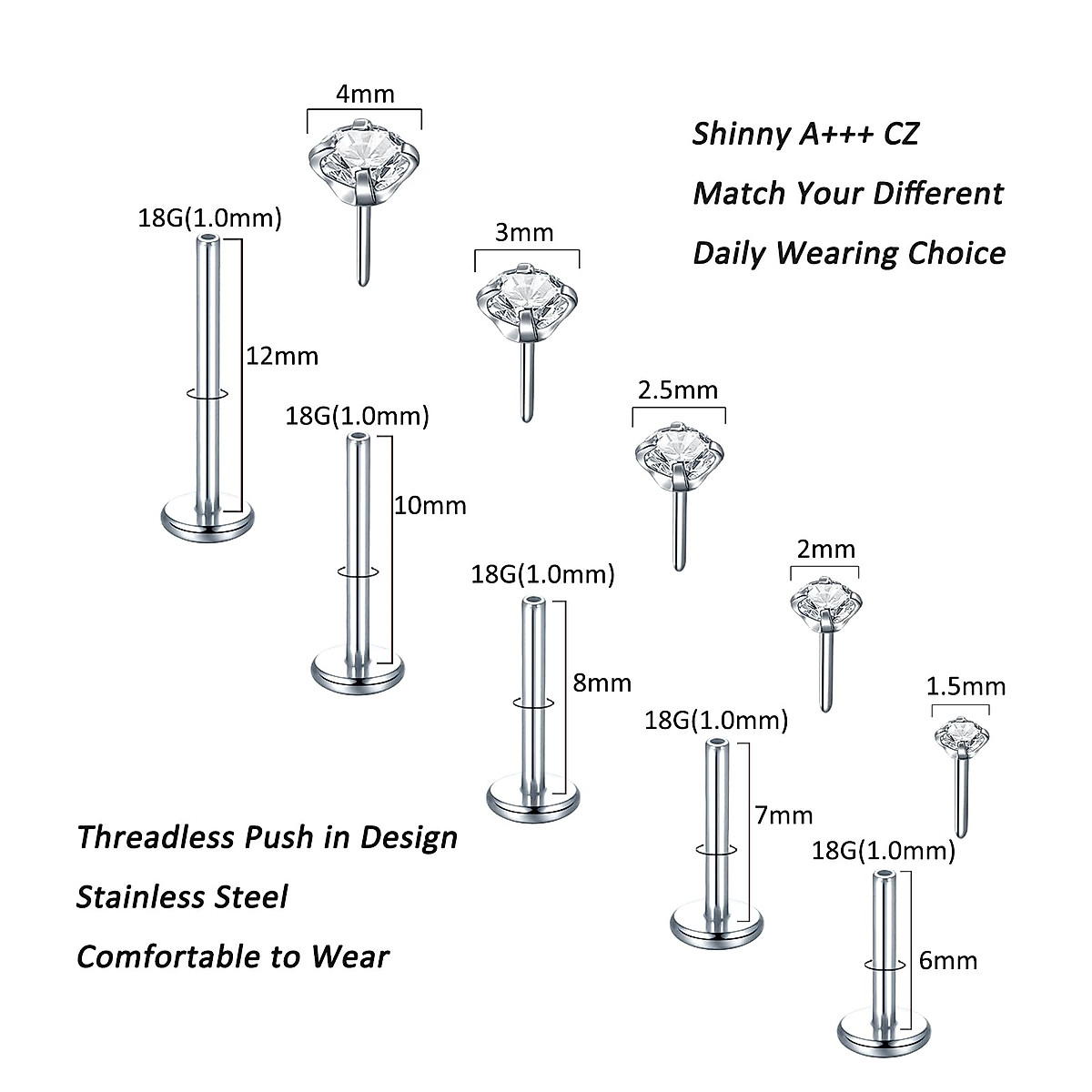 Aumeo 20G 18G 16G Threadless Push in Nose Rings Studs Surgical Steel Labret Jewelry Monroe Lip Rings Studs Medusa Ashley Piercing Jewelry for Women (Steel-18g*6/7/8/10/12mm)