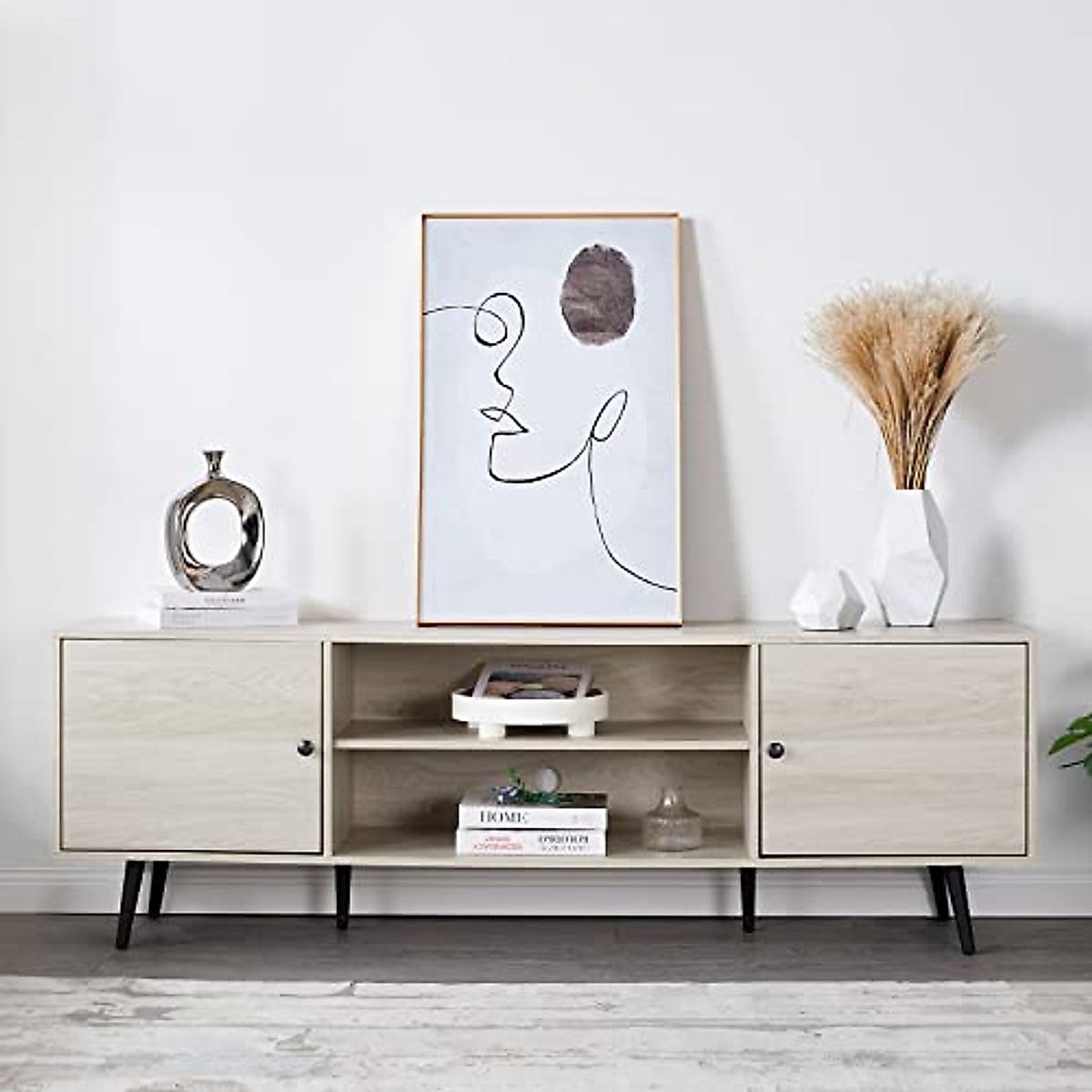 AMERLIFE 70 Inch TV Stand Mid-Century Wood Modern Entertainment Center Adjustable Storage Cabinet TV Console for Living Room Suitable for TV up to 80", Stone White