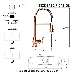 Copper Kitchen Faucet with Soap Dispenser, Single Handle Solid Brass High Arc Pull Down Sprayer Head Kitchen Sink Faucets with Deck Plate OH518