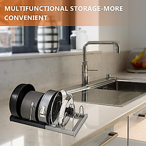 Expandable Pot Pan Lid Organizer Rack Holder with 7 Adjustable Dividers Stainless Steel Storage Rack Kitchen Organizer Holder Cabinet Countertop Pan Lid Holder with 2 Hooks