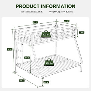 MUTICOR Modern Twin Over Full Metal Loft Bed with Ladder for Junior & Adults, Space-Saving Bunk Bed Frame, Sturdy & Durable, Ideal for Bedrooms, Dorms, and Guest Rooms, White