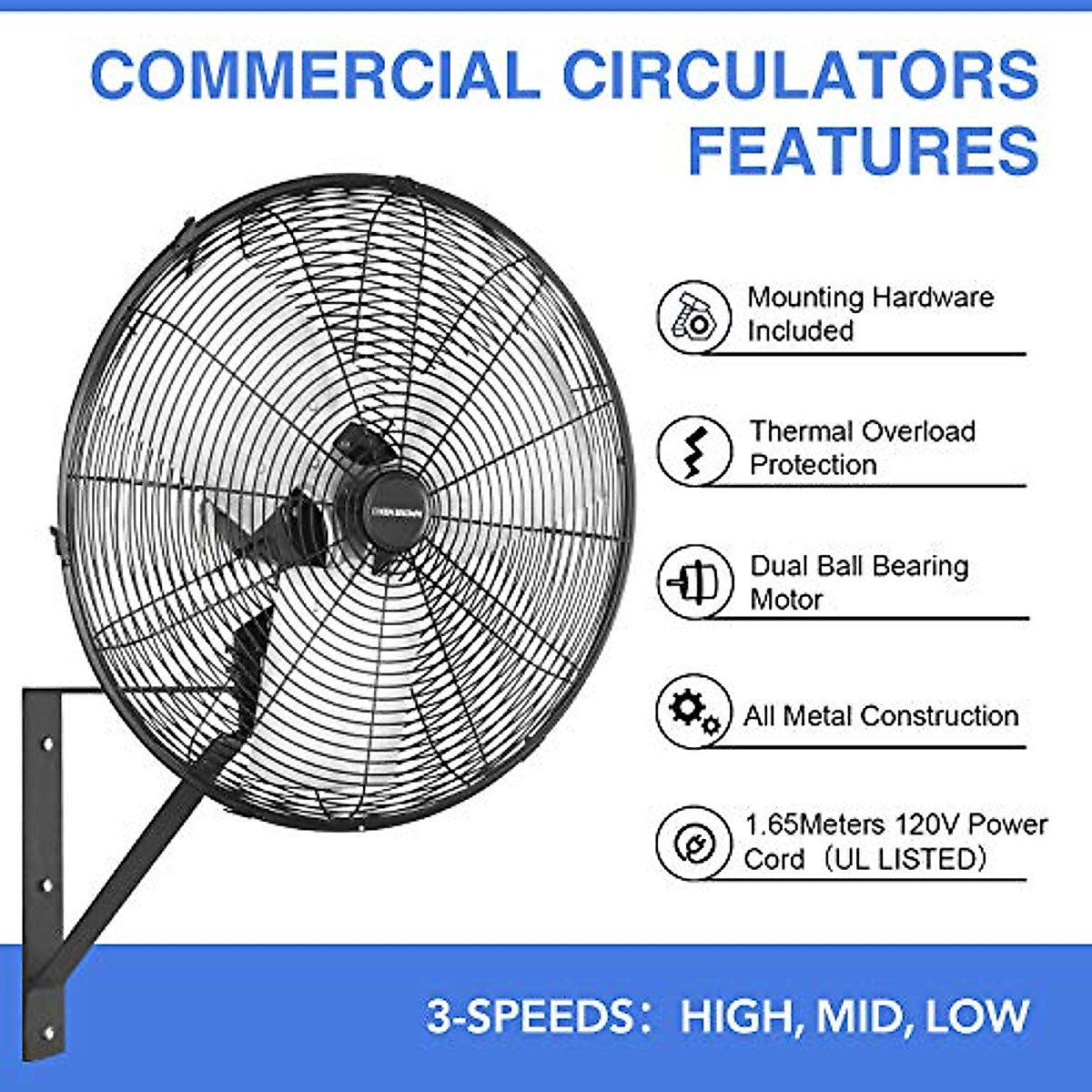 KEN BROWN 20 Inch Industrial Oscillating Wall Mount Fan 5500CFM,Heavy Duty,High Velocity,3- Speed,Black