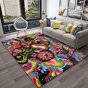 LGGQQW Mushroom Area Rug Trippy Trug Cute Flower Rug Colorful Hippy Carpet for Bedroom
