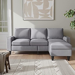 Lonkwa Convertible L-Shaped Sectional Sofa with Reversible Ottoman, 3-Seat Gray Couch for Living Rooms, Apartments, Offices, Small Spaces