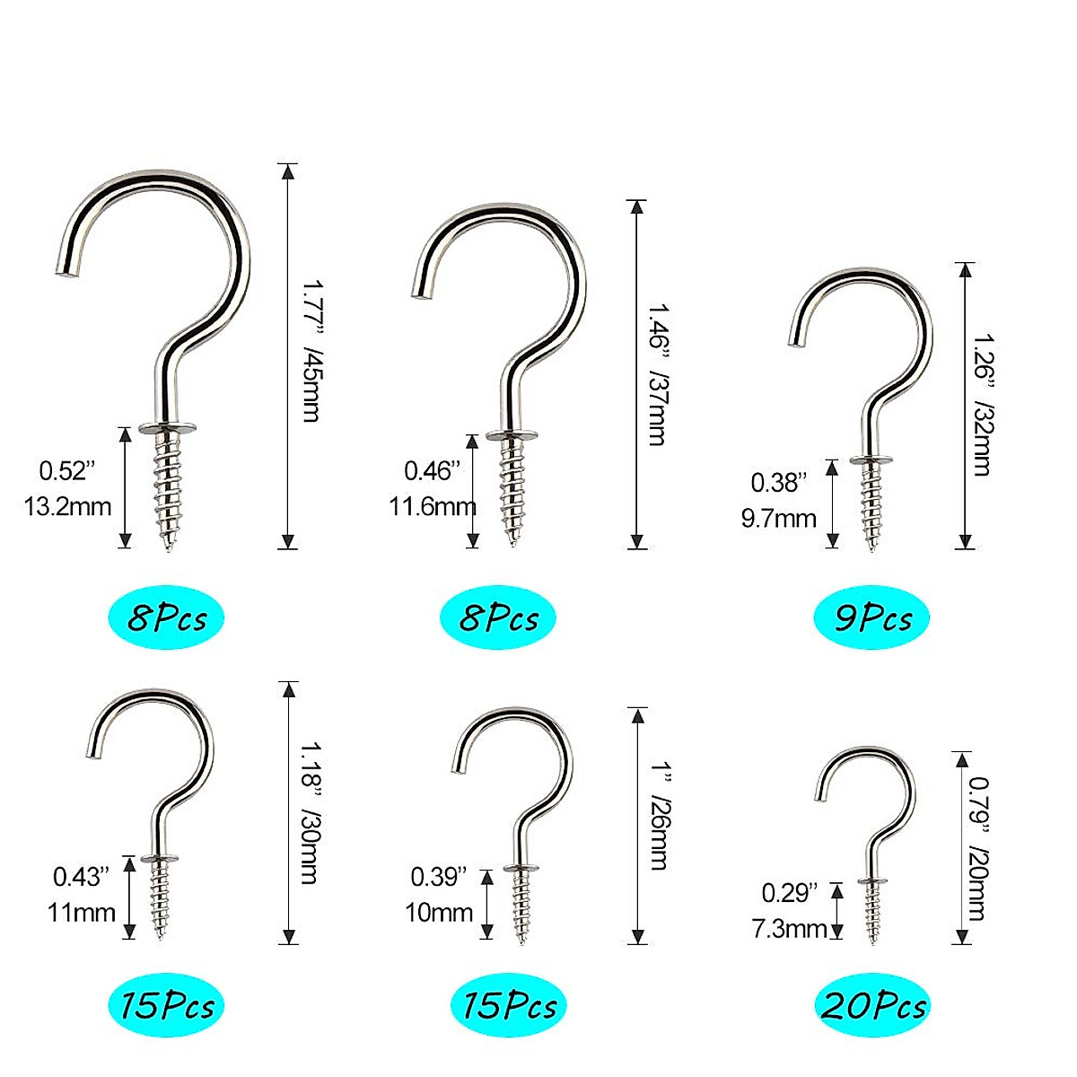 KUUQA 75 Pcs Multi-Size Nickel Plated Metal Ceiling Hooks Screw Cup Hook Holder (Silver)