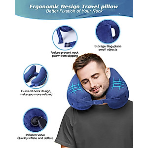 JefDiee Neck Pillows for Travel, Travel Pillow for Neck, Chin, Head Support, Airplane Pillow with Soft Washable Velour Cover, Hat, Portable Luxury Bag, 3D Sleep Mask and Earplugs (Blue)
