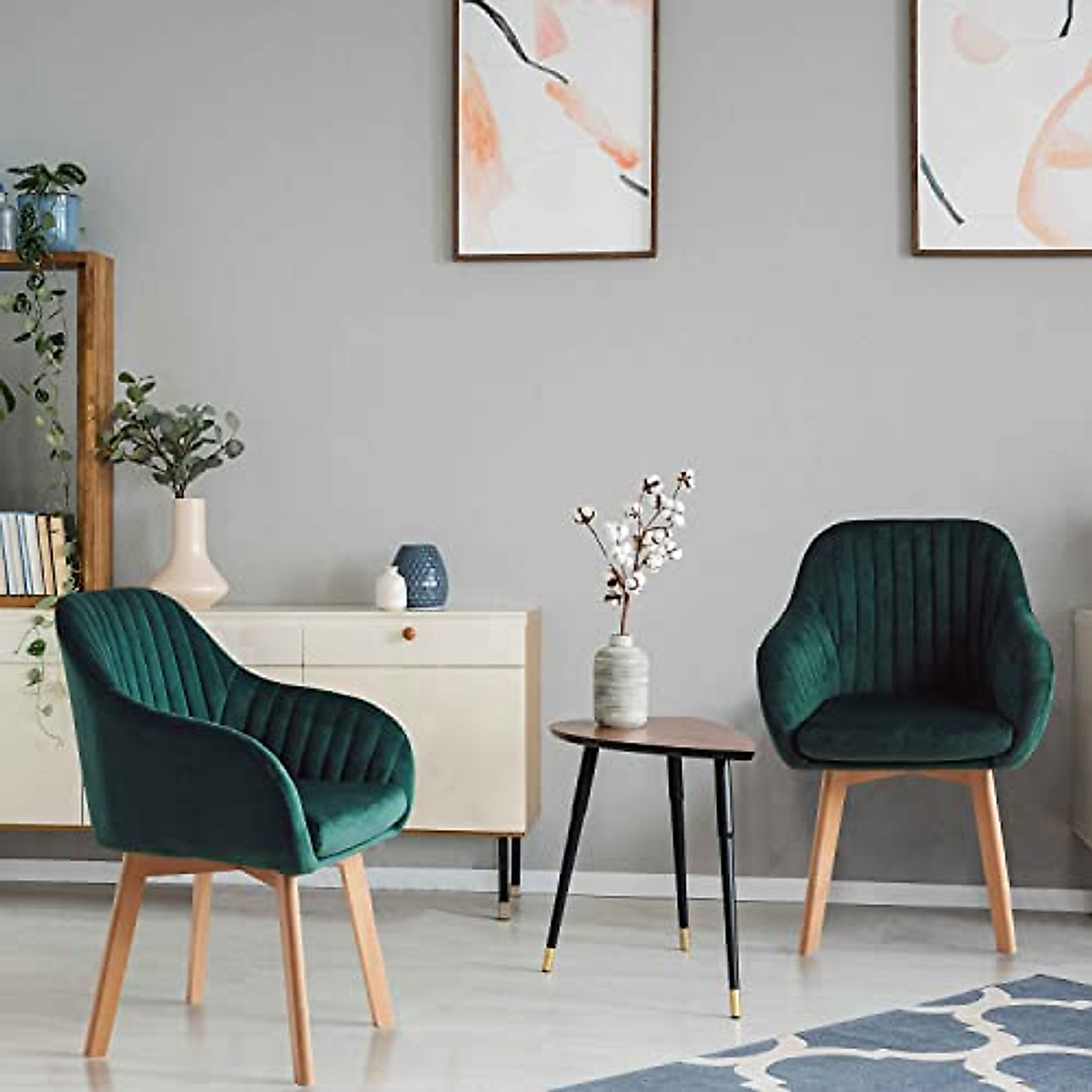 ANOUR Modern Accent Chairs Set of 2, Velvet Kitchen Dining Room Chairs with Wood Legs,Upholstered Arm Chairs for Living Room Bedroom Vanity(Green,2 Pack)