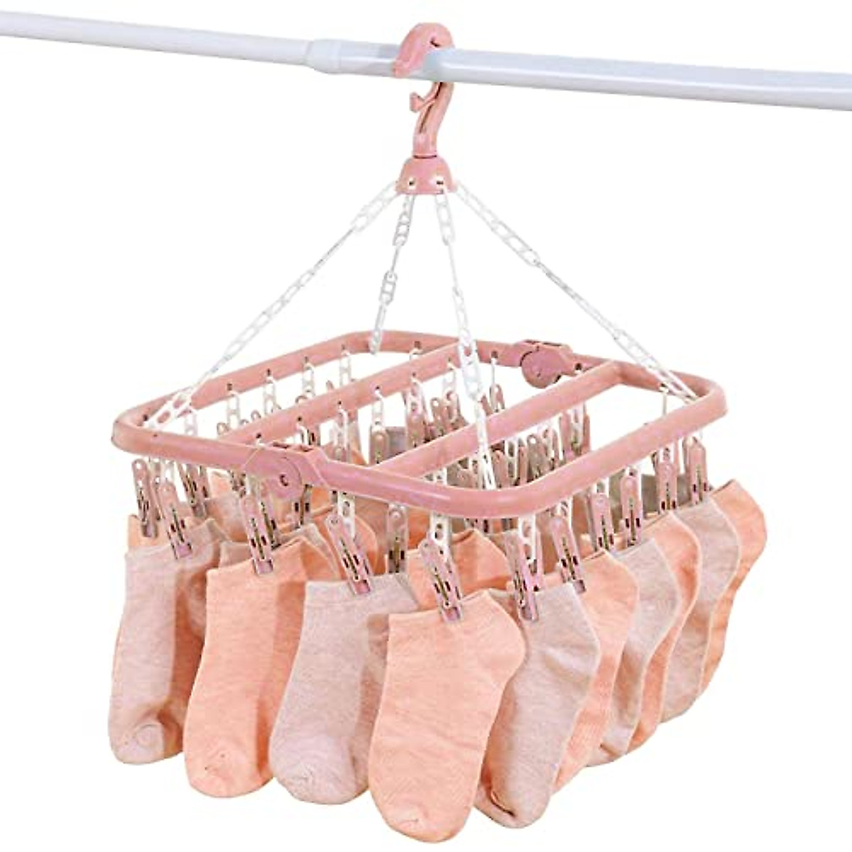 Sock Hanger, 2PCS Folding Clothes Drying Rack with 32pcs Pegs and Swivel Hook, Rotatable Sock Dryer, Underwear Hanger for Lingerie Clothes, Wind-Proof Hanging Sock Rack for Socks, Underwear