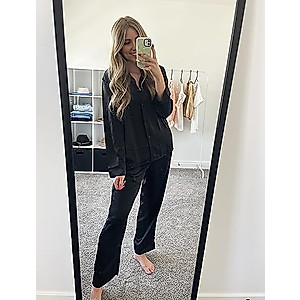 Ekouaer Black Silk Pajamas for Womens Satin Soft Sleepwear Long Sleeve Button loungewear Pj Set with Pockets Black Large