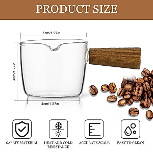 Single Spout Espresso Coffee Shot Glass with Wood Handle Measuring Cup Triple Pitcher Milk Cup Coffee Replacement Carafe for Barista Milk Espresso Making, 75 ml (2 Pieces)