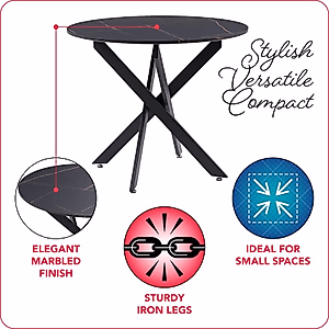 CorLiving Lennox Black Iron Metal Leg Trestle Dining Table with Marbled Top