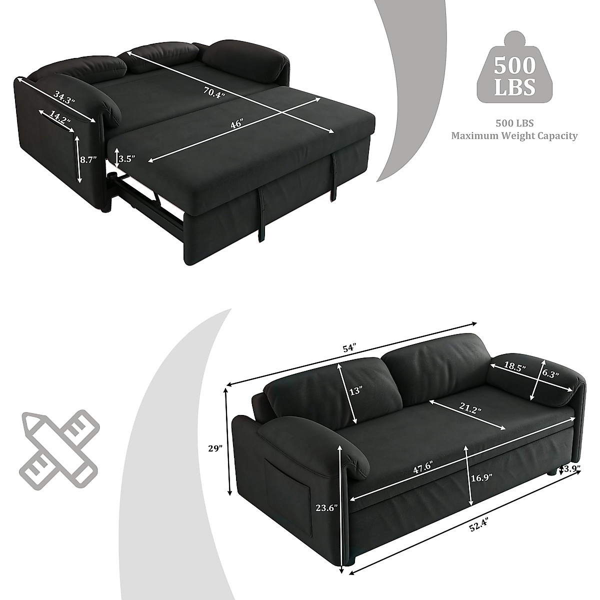 ARCLIS Pull Out Sofa Bed, 53'' Loveseat Sleeper, 3-in-1 Velvet Sleeper Sofa, Convertible Sofa Bed with Adjustable Backrest, Sleeper Couch for Living Room Bedroom Small Space (Black)