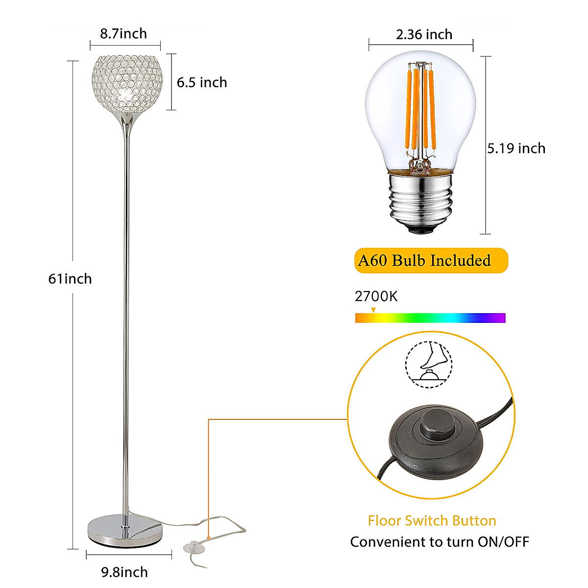 Spherical Crystal Floor Lamp, Silver 8.7 in Shade Elegant Standing Light with Crystal Lamp Shade for Living Room, Bedroom, Office, Modern Chrome 61 in Tall Pole Lighting, E26 Base, LED Bulb Included