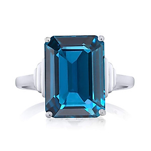 Gem Stone King 925 Sterling Silver Gemstone Birthstone Solitaire Engagement Ring | Emerald Cut 14X10MM Ring For Women | Available In Size 5, 6, 7, 8, 9
