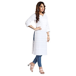 QUEEN SHIELD Women's Chikan-Kari Long Knee Length Kurti(White)(3XL)(46White9999)