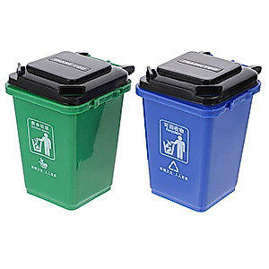 Alipis 2pcs Mini Curbside Trash and Recycle Can Mini Curbside Garbage Trash Bin Pen Pencil Cup Makeup Brush Holder Desktop Organizer(Blue + Green)