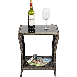 J-SUN-7 Patio Square Wicker Side Table - Set of 2 Outdoor Tempered Glass Top End Table with Storage for Patio Courtyard Balcony (Brown)