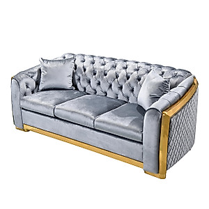 BSYEIO 81'' Modern Velvet Sofa Couch Living Room Chesterfield Sofa Couch 3 Seater Luxury Upholstered Sofa Couch with Gold Stainless for Apartment Dorm Office-Grey