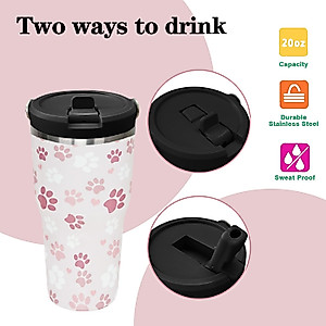 Dog Tumbler Cups 20oz Travel Mug Dog Mom Gifts Paw Print Tumbler with with Flip Straw and Top Handle Dog Gifts for Dog Lovers Women Travel Cups Mugs