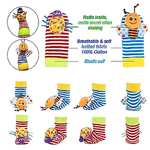 8 PCS Baby Rattle Toy Set, Wrist Rattles Foot Finder Rattle Sock, Arm Hand Bracelet Rattle, Feet Leg Ankle Socks,Present Gift for Newborn Infant Babies Boy Girl (8 pcs-A)