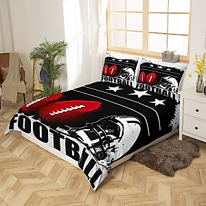 Football Duvet Cover Sports Bedding Set Soccer Ball Black White Red Comforter Cover for Boys Girls Children Teens Bedroom Decor 3D America Football Bedspread Cover Full Size with 2 Pillow Case