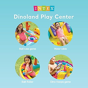 Intex Dinoland Play Center Kiddie Inflatable Pool and Dinosaur Water Splash Swimming Pool with Water Sprayers, Waterfalls, Slides, and Games