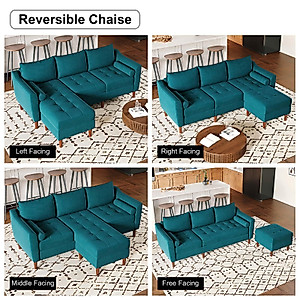 Belffin Reversible Sectional Sofa Couch Mid-Century Modern Velvet L Shaped Sofa 3-Seat Sofa Sectional with Reversible Chaise Foot Rest for Apartment and Small Space Peacock Blue