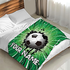FLEXIMX Personalized Soccer Blanket Gifts for Boys Girls Soccer Team, Sports Throw Blanket for Soccer Lovers Kids Adults Teens, 50x60 Inches Green Flannel Blankets Stuff for Couch Sofa Bed