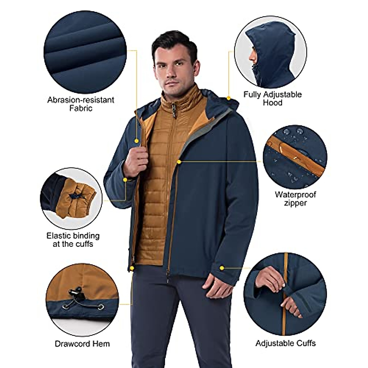33,000ft Men's Waterproof 3-in-1 Ski Jacket, Warm Mountain Windbreaker Snow Rain Jackets Winter Coat with Puffer Jacket