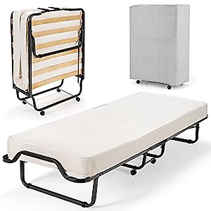 Giantex Folding Bed with Mattresses for Adults, Portable Foldable Guest Bed with Storage Cover & Memory Foam Mattress, Space-Saving Fold up Bed for Home Office Easy Storage, Made in Italy