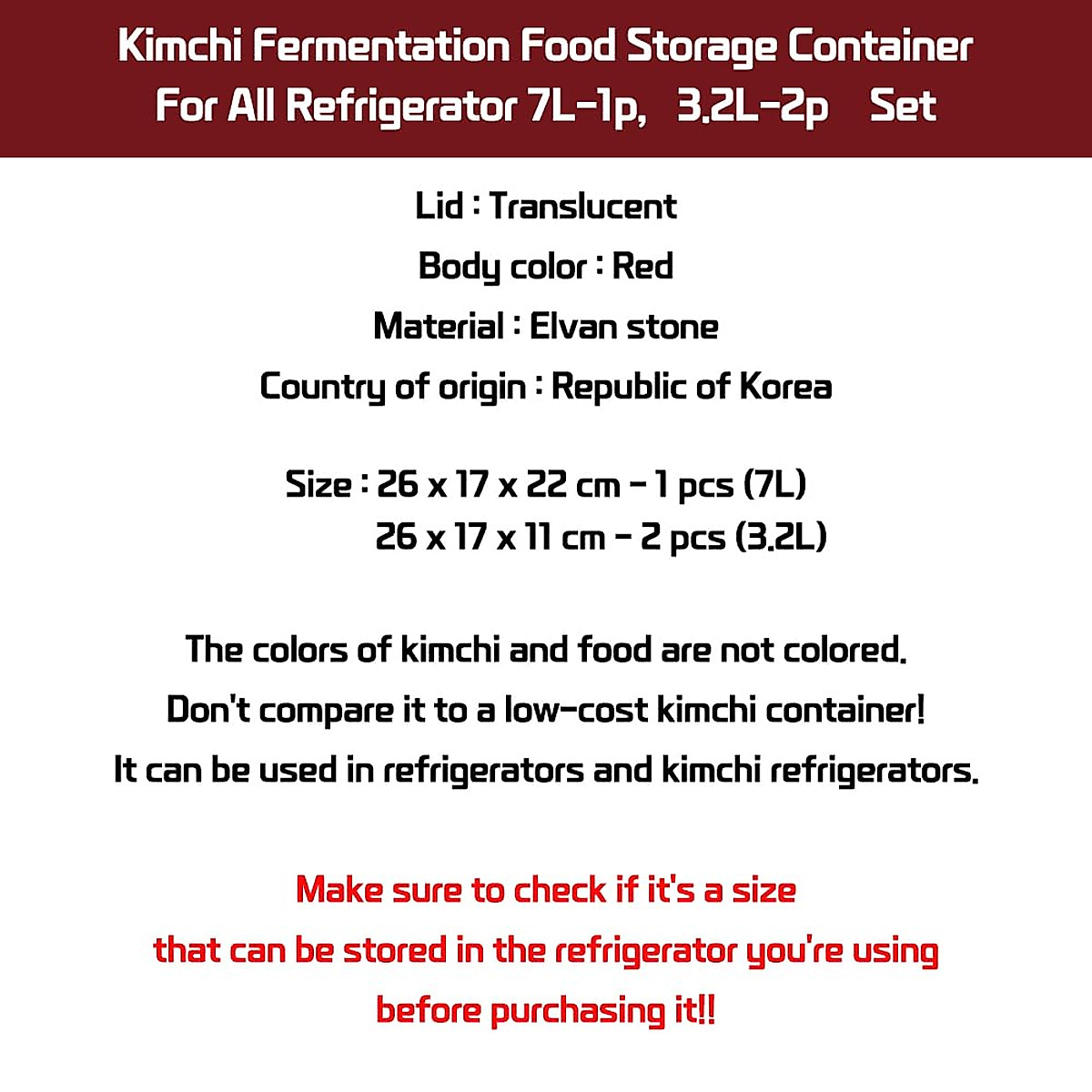 Generic Food Storage Container Kimchi Fermentation Compatible with Samsung LG All Refrigerator 7L 3.2L Set, RED