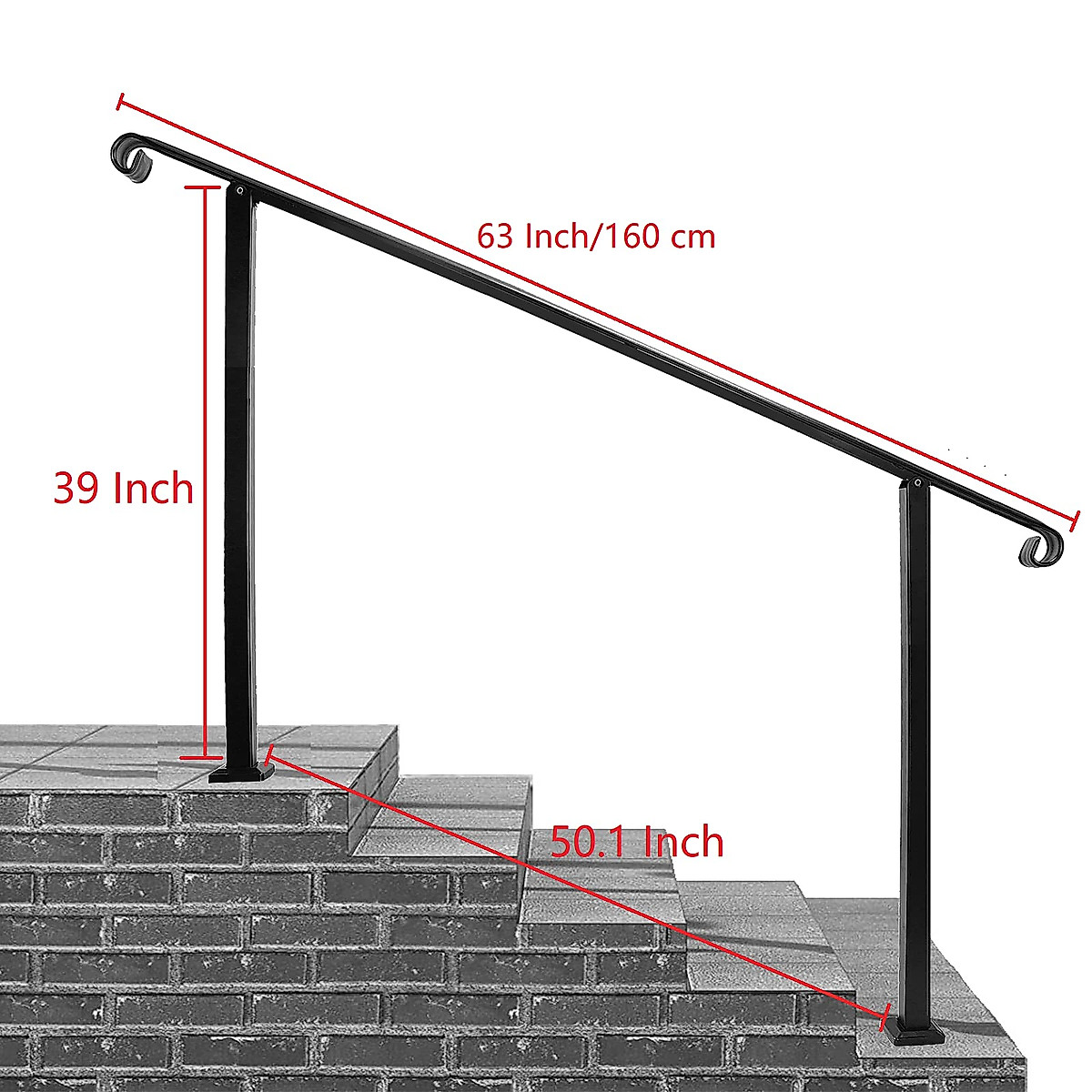 Metty Metal Outdoor Stair Railing, Black Handrails for Outdoor Steps 4 Step Handrail Fits